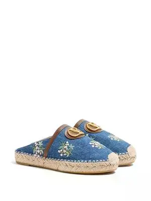 Valentino Garavani Vlogo Signature Denim Mules With Floral Embroidery - Blue