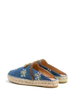 Valentino Garavani Vlogo Signature Denim Mules With Floral Embroidery - Blue