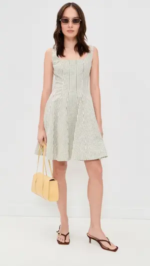 Staud Wells Mini Dress Striped Square Neck Sleeveless - Chive Stripe