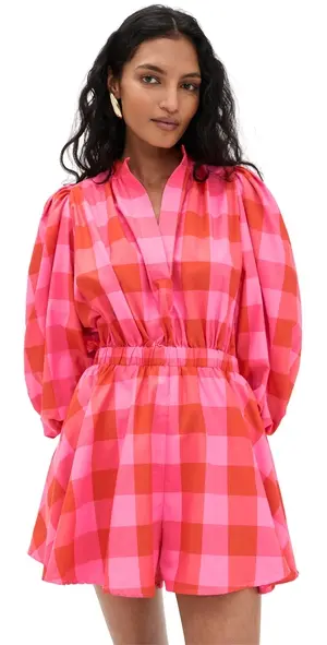 Sundress Inacia Romper With V-neck And Puff Sleeves - Big Gingham Red And Pink