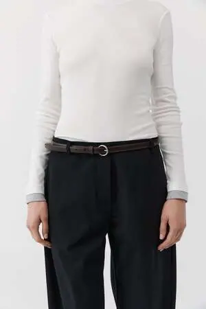 ST. AGNI Minimal Slim Leather Belt With Silver Buckle - Coffee