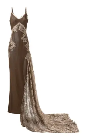 LA FUORI Slip Maxi Gown With Lace Train - Brown