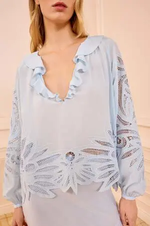 Ulla Johnson Adonis Silk Applique Blouse - Adriatic