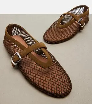 Alaïa Suede-trimmed Fishnet Ballet Flats - Brown