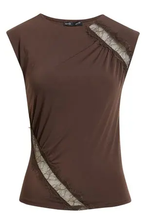 Mango Lace Panel Ruched Top - Brown