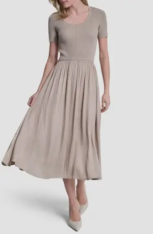 Dkny Mixed Media Short Sleeve Dress - Pebble
