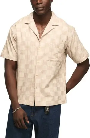 Lucky Brand Checker Cotton Blend Camp Shirt - Beige
