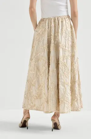 Brunello Cucinelli Embroidered Cotton Poplin Skirt - Sand