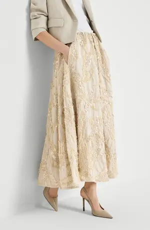 Brunello Cucinelli Embroidered Cotton Poplin Skirt - Sand