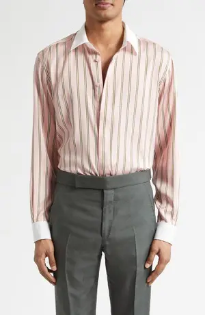 TOM FORD Fluid Fit Oxford Stripe Silk Jacquard Button-up Shirt