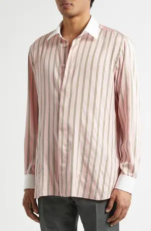 TOM FORD Fluid Fit Oxford Stripe Silk Jacquard Button-up Shirt