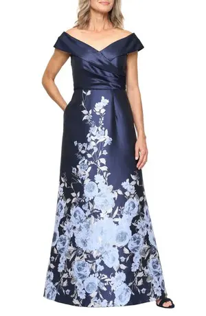 Alex Evenings Print Off-the-shoulder Gown