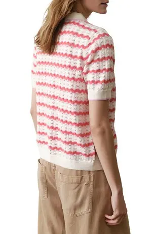 Marine Layer Piper Stripe Pointelle Stitch Cotton Button-up Shirt - Warm Wave