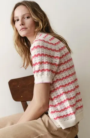 Marine Layer Piper Stripe Pointelle Stitch Cotton Button-up Shirt - Warm Wave