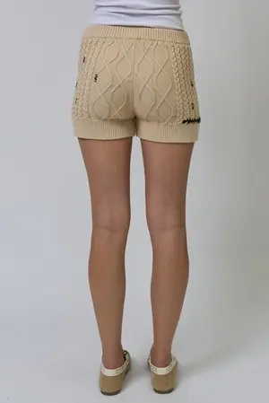 Central Park West Jaden Embroidered Cable-knit Shorts - Tan