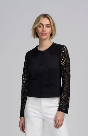 ELLE COLLECTION Lace Satin Jacket - Black