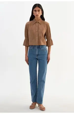 LAMARQUE Suede Ruffle Sleeve Shirt Jacket - Latte