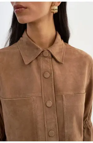 LAMARQUE Suede Ruffle Sleeve Shirt Jacket - Latte
