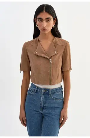 LAMARQUE Kirsi S Suede Cropped Jacket - Latte