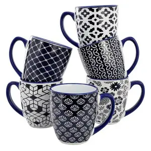 ELAMA Flyn 6 Piece 16 Ounce Assorted Design Stoneware Mug Set - Blue