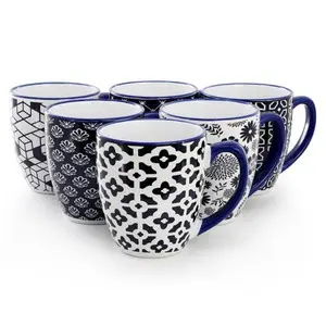 ELAMA Flyn 6 Piece 16 Ounce Assorted Design Stoneware Mug Set