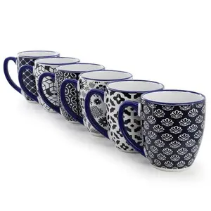 ELAMA Flyn 6 Piece 16 Ounce Assorted Design Stoneware Mug Set