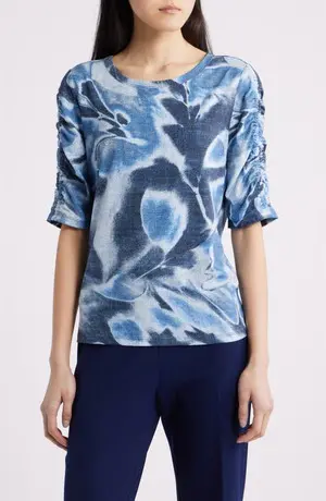 Anne Klein Printed Ruched Elbow Sleeve Top