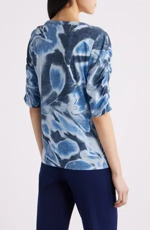 Anne Klein Printed Ruched Elbow Sleeve Top