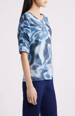 Anne Klein Printed Ruched Elbow Sleeve Top