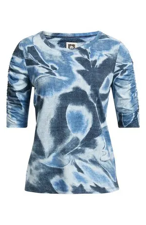Anne Klein Printed Ruched Elbow Sleeve Top
