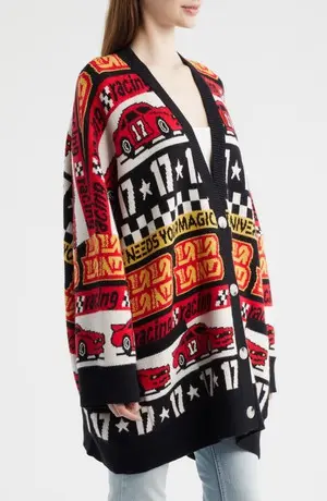 DRESSED IN LALA Oversized Jacquard Knit Cardigan