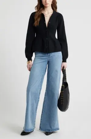 Treasure & Bond Pointelle Peplum Cardigan - Black