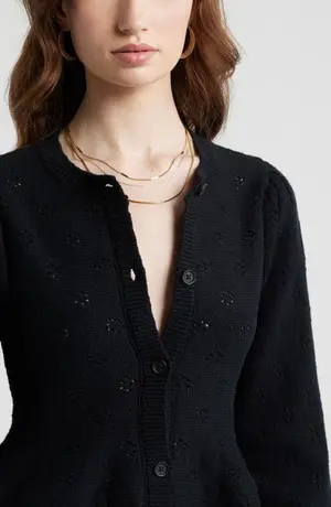 Treasure & Bond Pointelle Peplum Cardigan - Black
