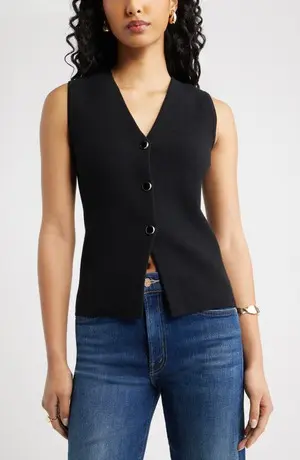 OPEN EDIT Cutaway Button-up Sweater Vest - Black