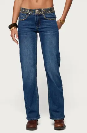 EDIKTED Studded Low Rise Straight Leg Jeans