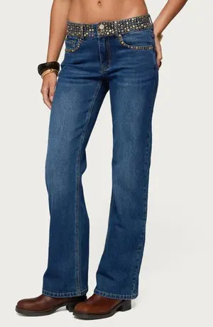 EDIKTED Studded Low Rise Straight Leg Jeans