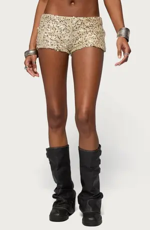 EDIKTED Sequin Micro Shorts - Beige