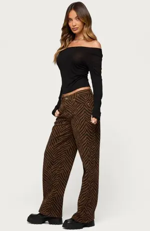 EDIKTED Zebra Print Baggy Straight Leg Jeans - Brown