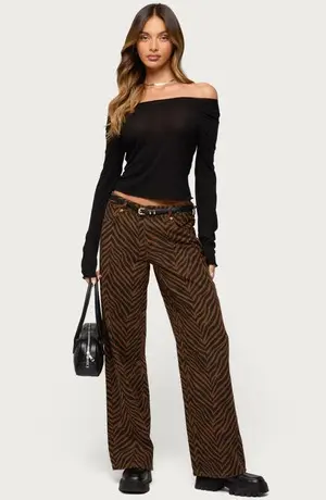 EDIKTED Zebra Print Baggy Straight Leg Jeans - Brown