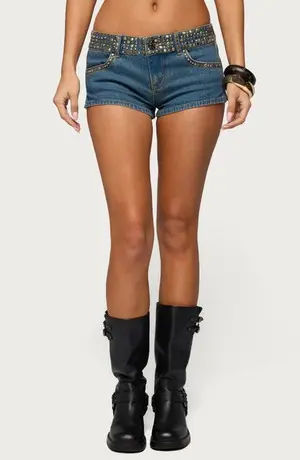 EDIKTED Studded Low-rise Denim Shorts - Blue-washed