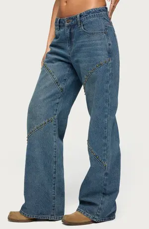 EDIKTED Charla Studded Baggy Jeans - Blue-washed