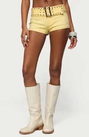 EDIKTED Studded Belt Denim Micro Shorts - Yellow