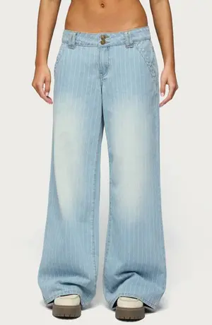EDIKTED Cory Stripe Low Rise Wide Leg Jeans - Light-blue