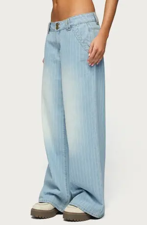 EDIKTED Cory Stripe Low Rise Wide Leg Jeans - Light-blue