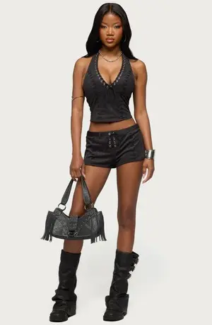 EDIKTED Sloane Faux Suede Micro Shorts - Dark-gray