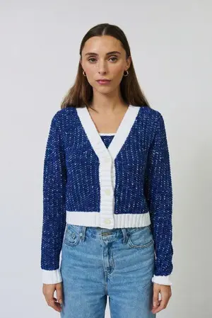 Central Park West Allie Cropped Chunky Cardigan - Blue Multi