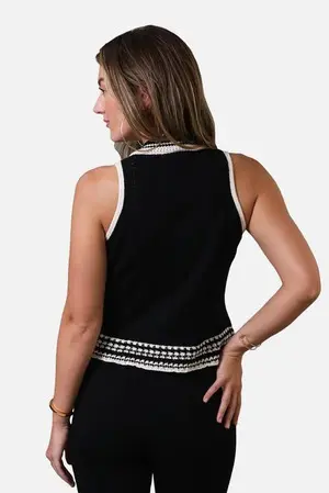 Central Park West Crochet Edge Collared Top - Black