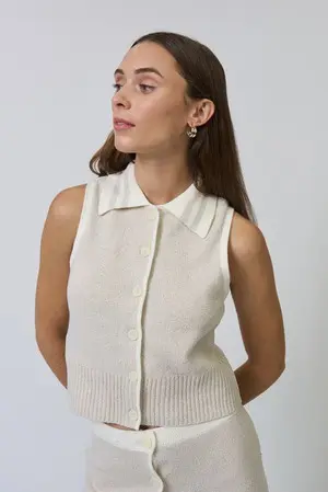 Central Park West Celeste Tweed Yarn Collared Top - Sand