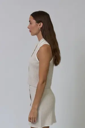 Central Park West Celeste Tweed Yarn Collared Top - Sand
