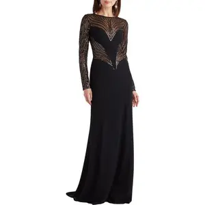 Tadashi Shoji Sequin Mesh Long Sleeve Gown - Black/silver